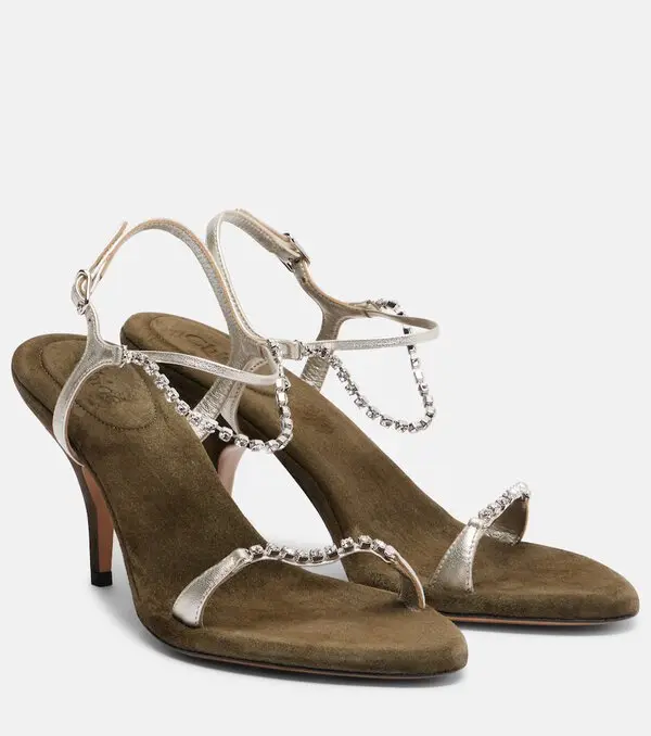 Chloé Zia Embellished Metallic Leather Sandals - Green