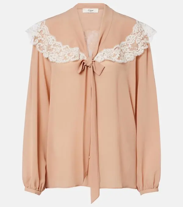 Chloé Lace-trimmed Silk Georgette Blouse - Pink