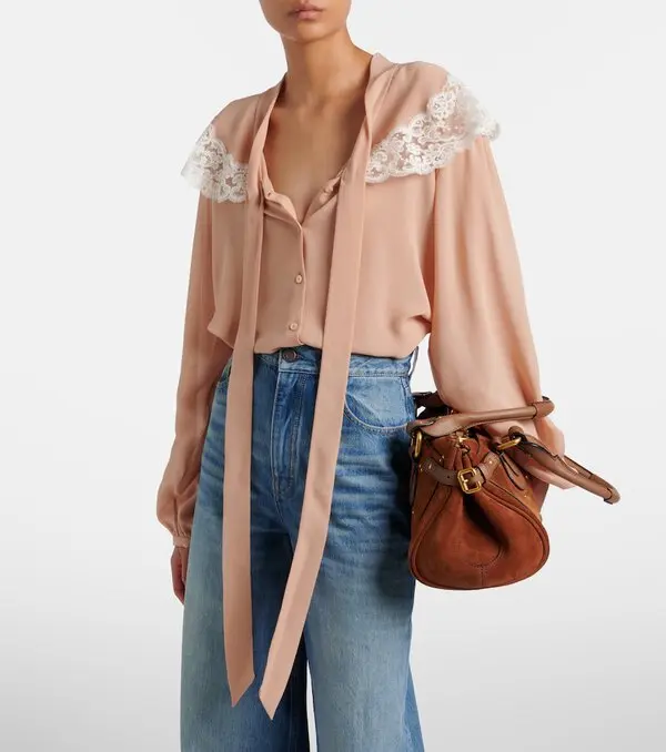 Chloé Lace-trimmed Silk Georgette Blouse - Pink