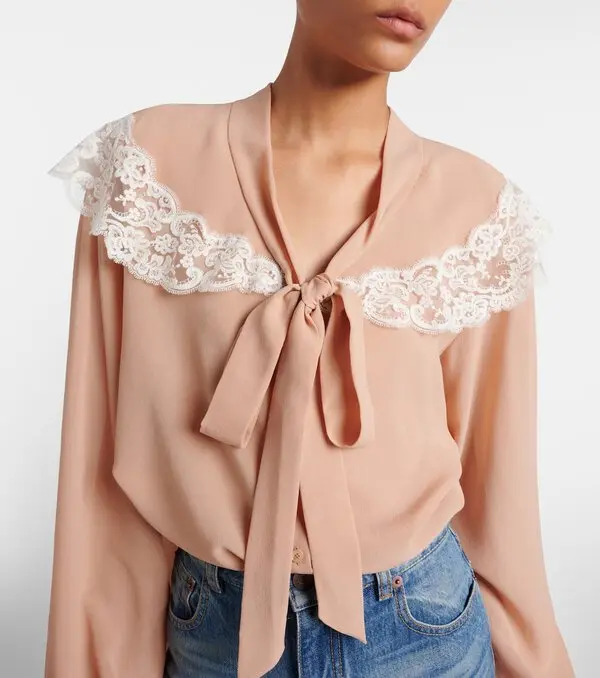 Chloé Lace-trimmed Silk Georgette Blouse - Pink