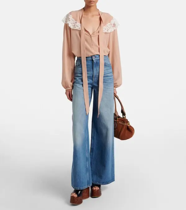 Chloé Lace-trimmed Silk Georgette Blouse - Pink
