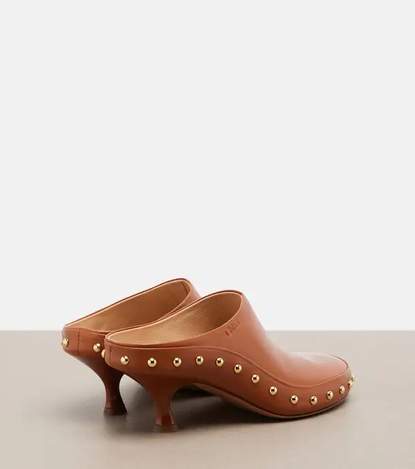 Chloé Studded Leather Clogs - Brown