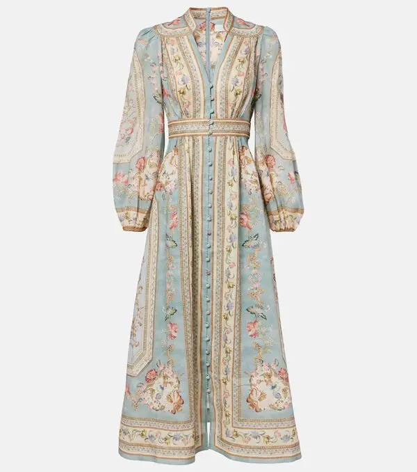 Zimmermann Roselight Floral Linen Midi Dress - Blue