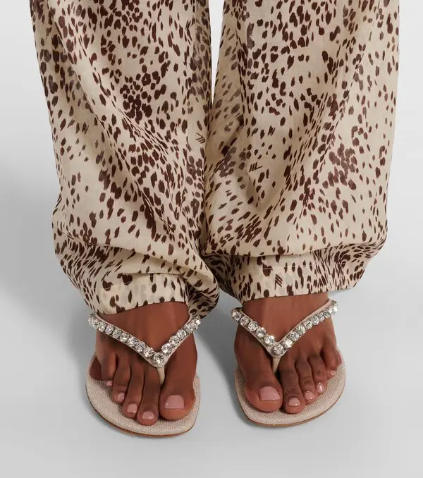 Amina Muaddi Gigi Embellished Canvas Thong Sandals - Beige