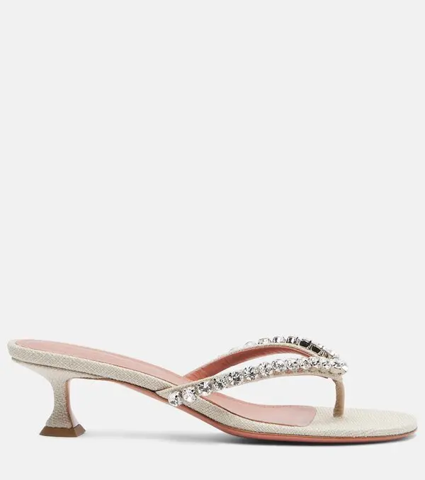 Amina Muaddi Gigi Embellished Canvas Thong Sandals - Beige