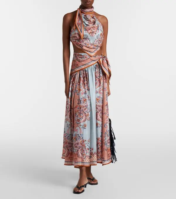 Zimmermann Aster Floral Silk Midi Skirt - Blue