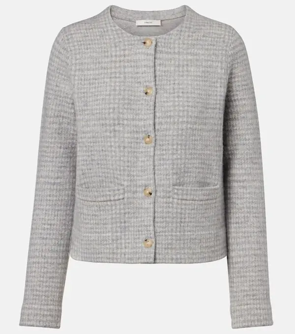Vince Checked Wool And Cashmere Cardigan - Grey