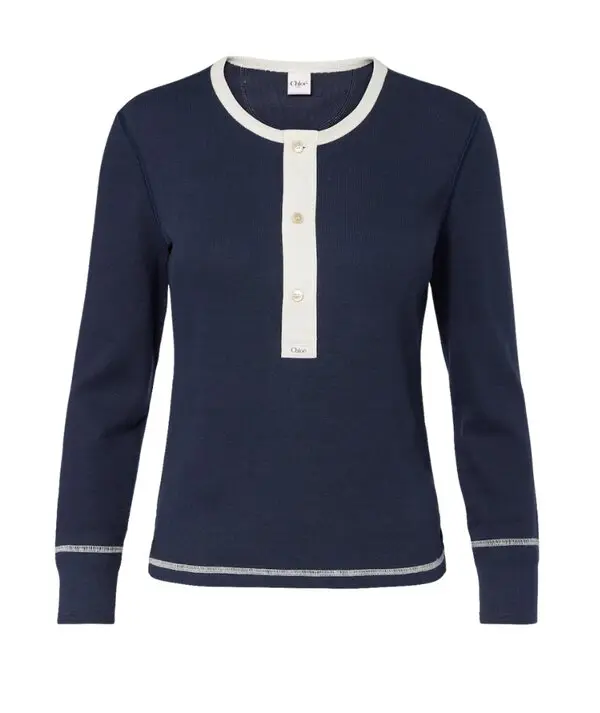 Chloé Ribbed-knit Cotton Jersey Henley Shirt - Blue