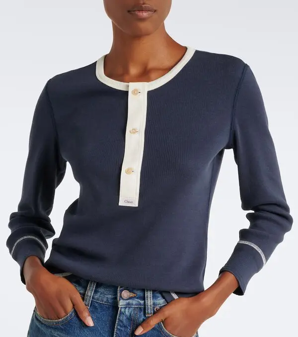 Chloé Ribbed-knit Cotton Jersey Henley Shirt - Blue