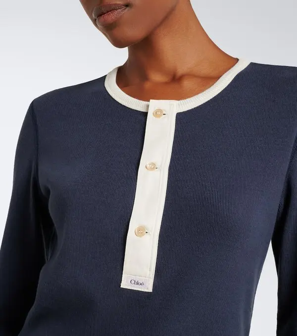 Chloé Ribbed-knit Cotton Jersey Henley Shirt - Blue