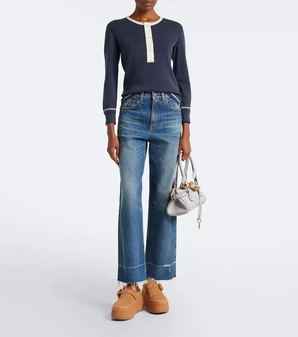 Chloé Ribbed-knit Cotton Jersey Henley Shirt - Blue