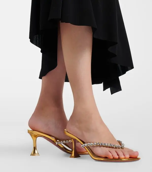 Amina Muaddi Gigi Embellished Leather Thong Sandals - Gold