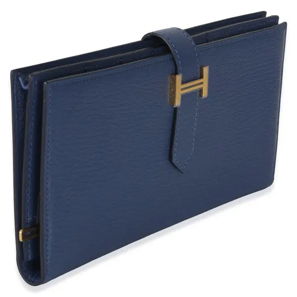 Hermès Bleu Brighton Chevre Mysore Bearn Wallet Ghw - Blue