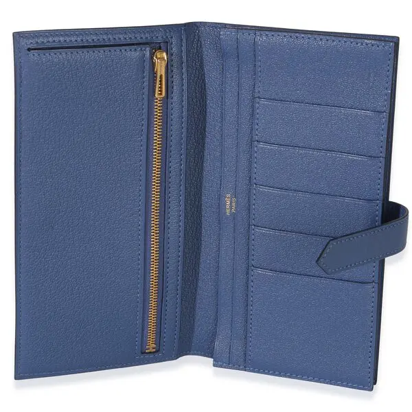 Hermès Bleu Brighton Chevre Mysore Bearn Wallet Ghw - Blue