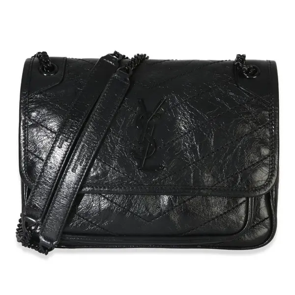 Saint Laurent Baby Niki Chain Satchel In Crinkled Calfskin Matelasse - Black