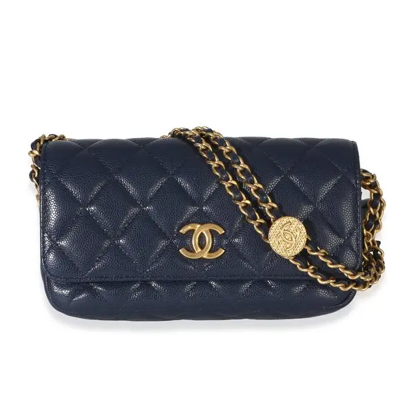 Chanel Navy Quilted Caviar Phone Holder With Chain And Twist Lock - Blue
