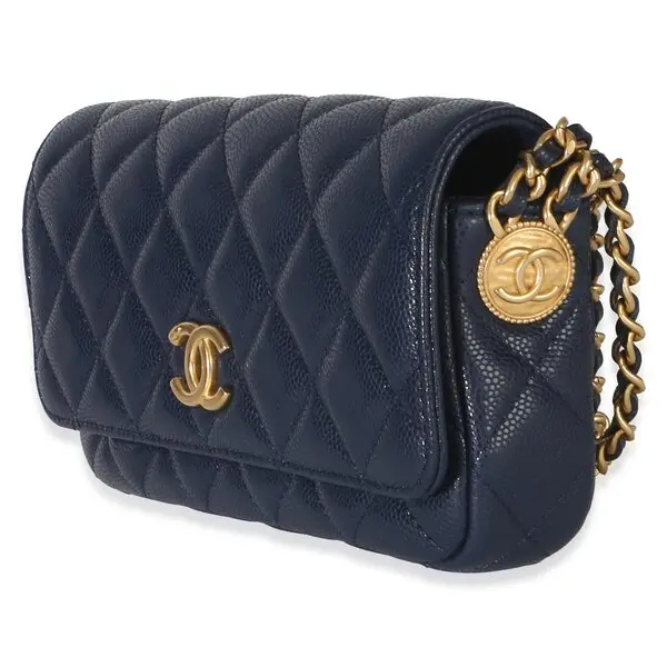 Chanel Navy Quilted Caviar Twist Your Buttons Phone Holder With Chain