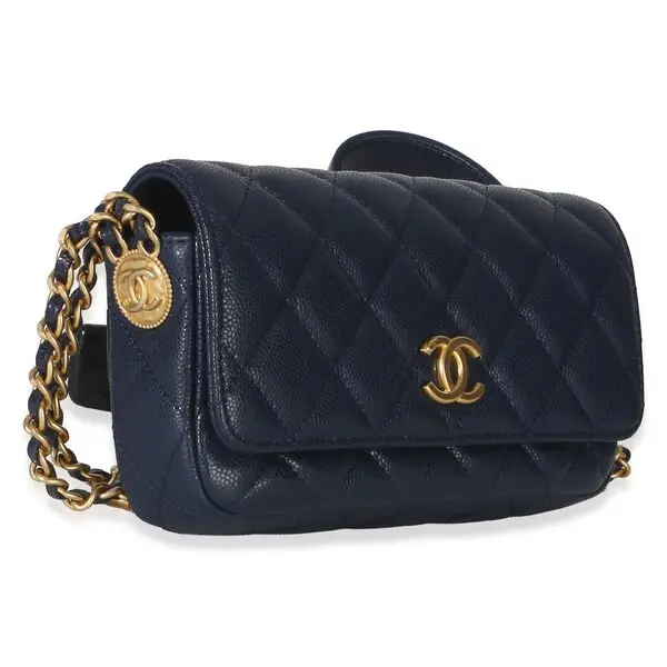 Chanel Navy Quilted Caviar Twist Your Buttons Phone Holder With Chain