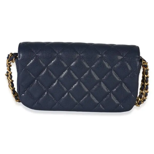 Chanel Navy Quilted Caviar Twist Your Buttons Phone Holder With Chain