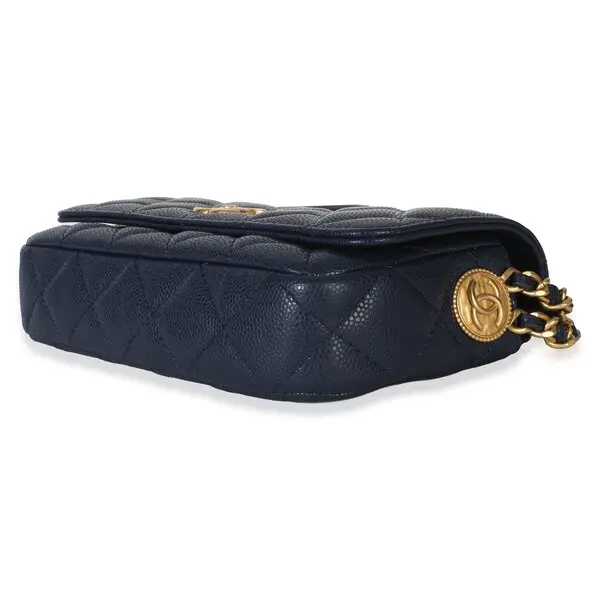 Chanel Navy Quilted Caviar Twist Your Buttons Phone Holder With Chain