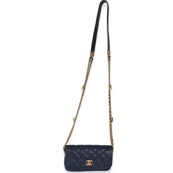 Chanel Navy Quilted Caviar Twist Your Buttons Phone Holder With Chain