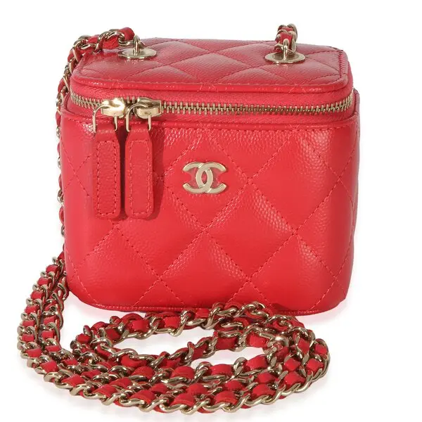 Chanel Quilted Caviar Vanity Case With Chain Strap - Red