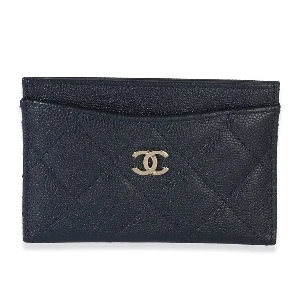 Chanel Navy Quilted Caviar Card Holder - Blue