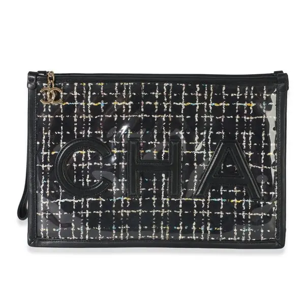 Chanel Tweed Pvc Lambskin Logo Pouch - Black