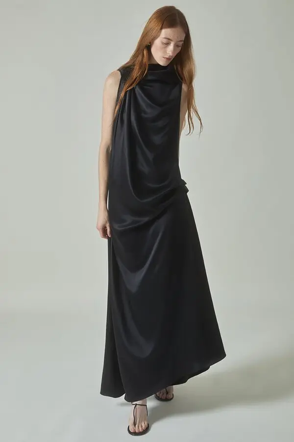 HEIRLOME Heirloom Kate Dress Twisted Draped Silk Satin Midi Dress - Black