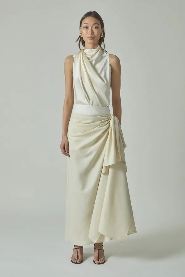 HEIRLOME Kate Twisted Draped Sleeveless Top In Silk Satin - Ivory