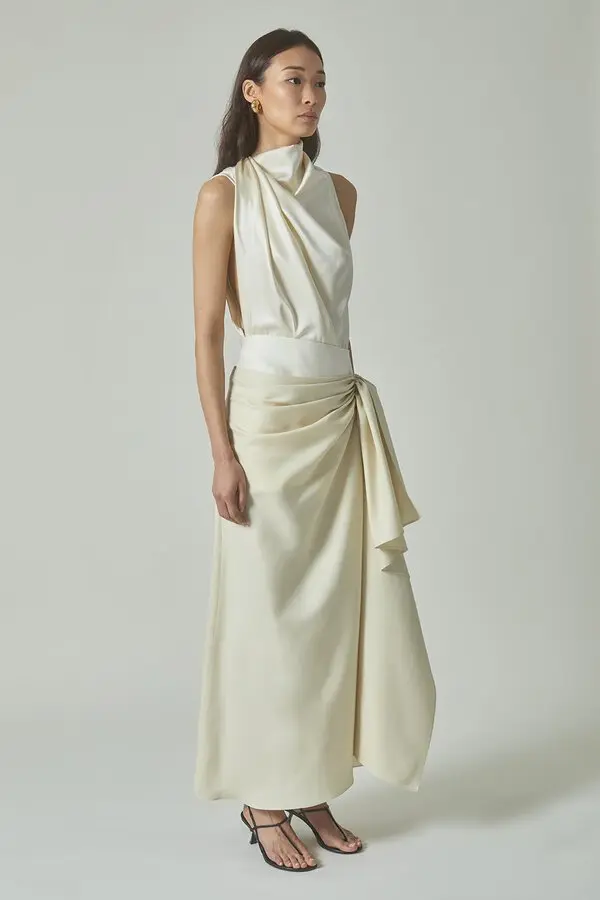 HEIRLOME Kate Twisted Draped Sleeveless Top In Silk Satin - Ivory