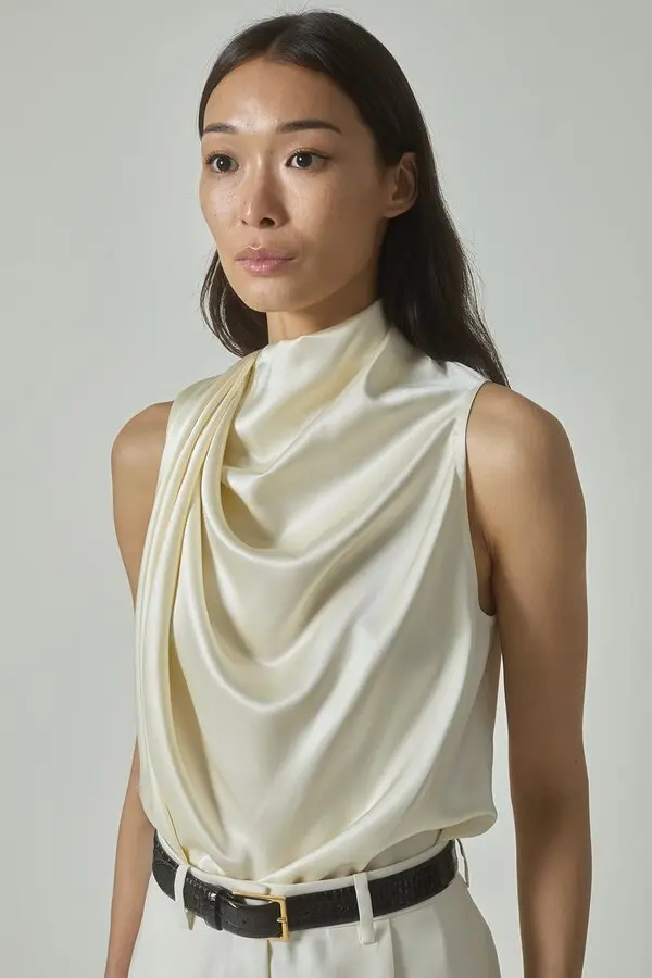 HEIRLOME Kate Twisted Draped Sleeveless Top In Silk Satin - Ivory