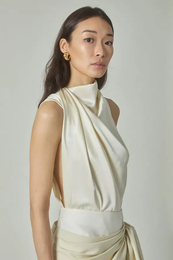 HEIRLOME Kate Twisted Draped Sleeveless Top In Silk Satin - Ivory
