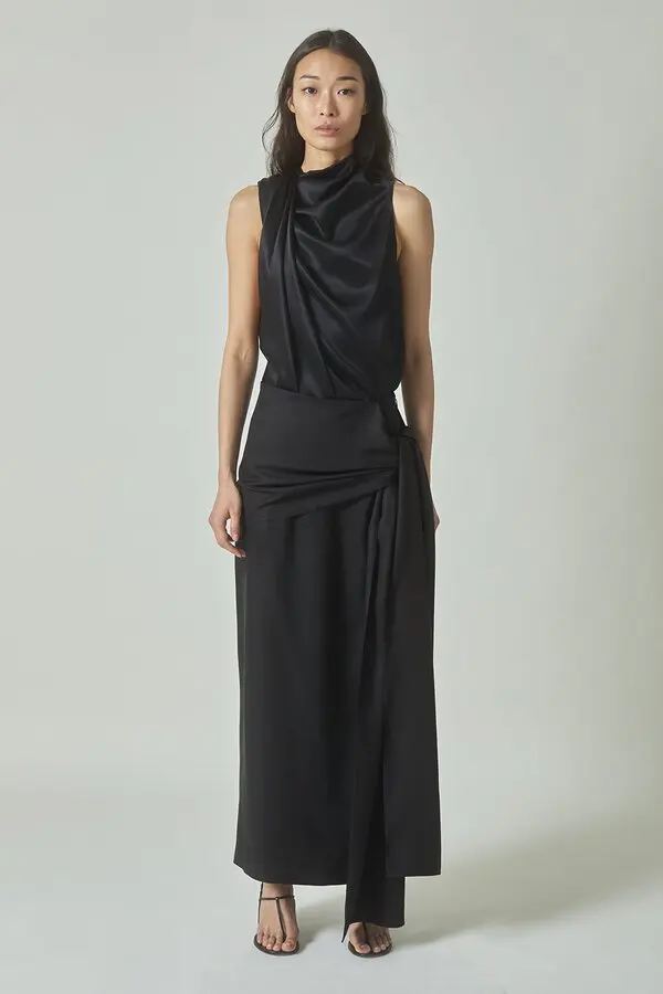 HEIRLOME Helena Midi Skirt In Italian Silk Twill With Versatile Sash - Black