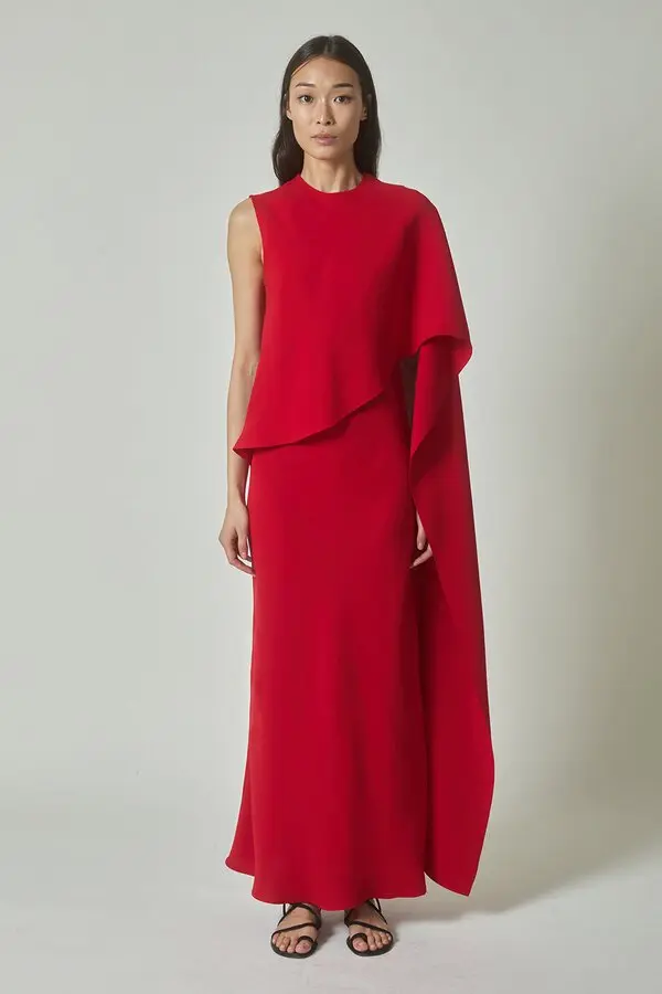 HEIRLOME Clementine Midi Dress With Asymmetrical Cape - Red