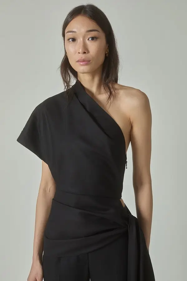 HEIRLOME Marianne One-shoulder Silk Twill Top With Sash