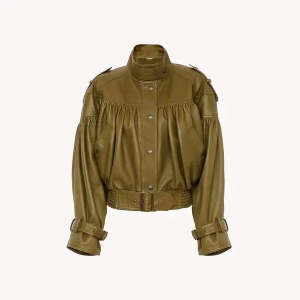 Chloé High-neck Cropped Leather Jacket With Belted Waist - Eucalyptus
