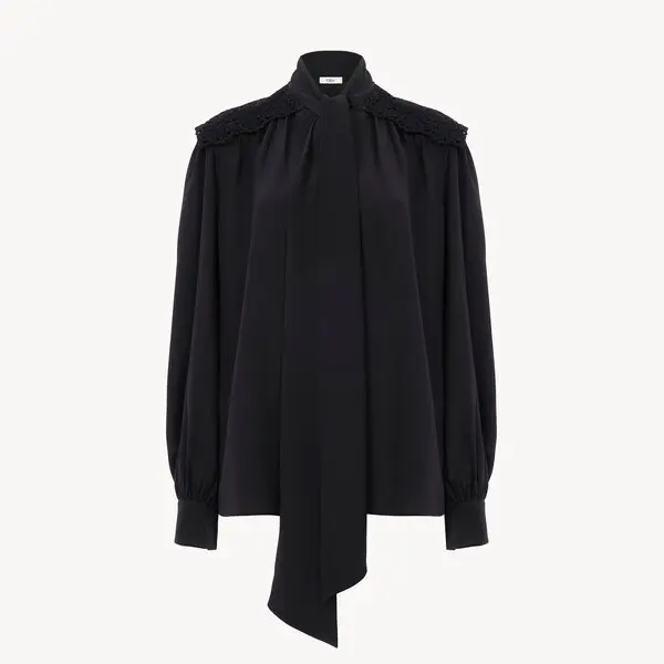 Chloé Gathered Scarf-tie Blouse In Crêpe De Chine & Lace - Black