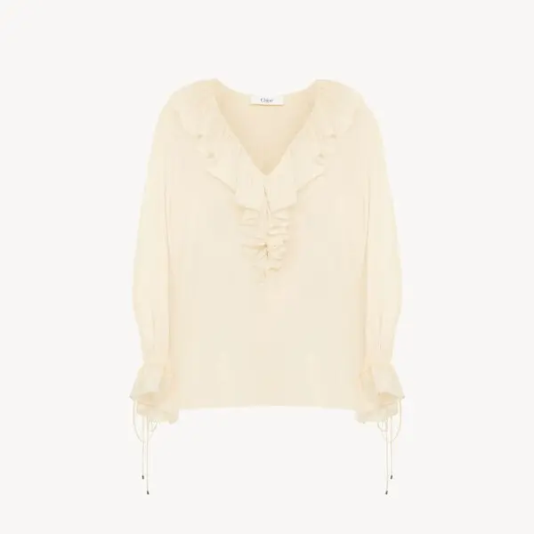 Chloé V-neck Ruffle Top In Crêpe De Chine - Pristine White