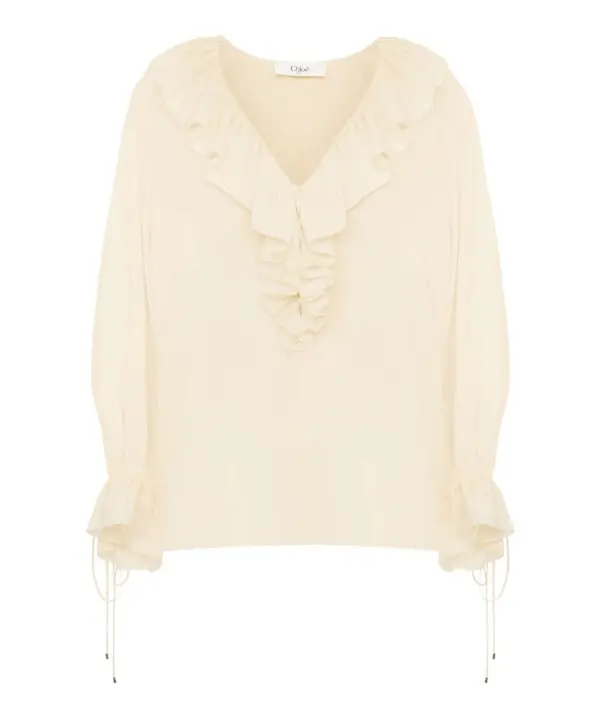 Chloé V-neck Ruffle Top In Crêpe De Chine - Pristine White