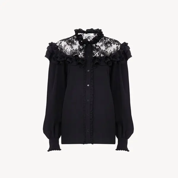 Chloé High-neck Ruffled Blouse In Crêpe De Chine & Lace