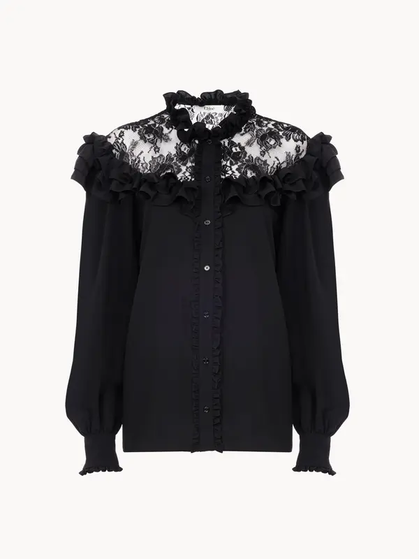 Chloé High-neck Ruffled Lace Insert Blouse - Black