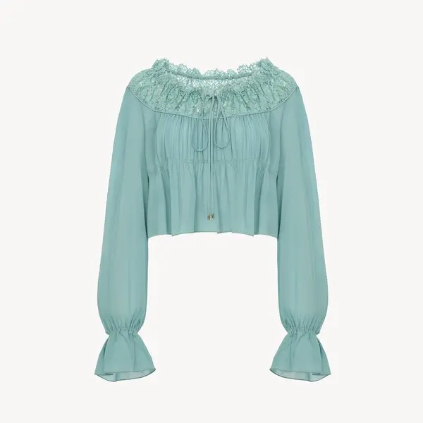 Chloé Scoop-neck Cropped Top In Georgette & Lace - After Storm Blue