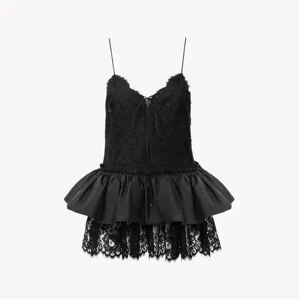 Chloé Thin-strap Ruffle Top In Technical Taffeta & Lace - Black