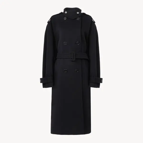 Chloé High-neck Long Coat In Double-face Wool - Black
