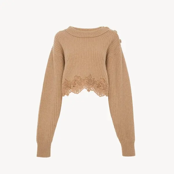 Chloé Cropped Mock Neck Sweater With Lace Hem