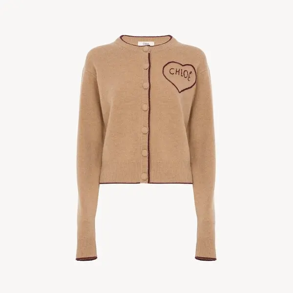 Chloé Fitted Logo Cardigan In Wool & Cashmere - Bleached Brown
