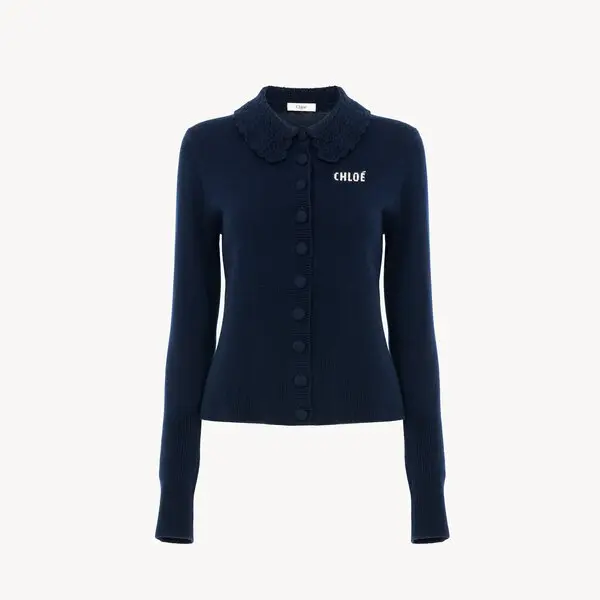 Chloé Fitted Wool Knit Cardigan With Guipure Collar - Ink Navy