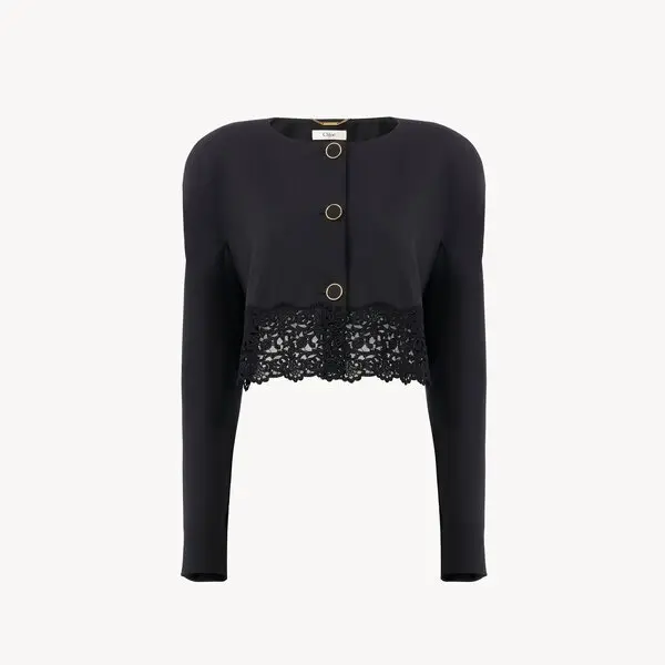 Chloé Collarless Cropped Jacket In Wool Grain De Poudre & Lace - Black
