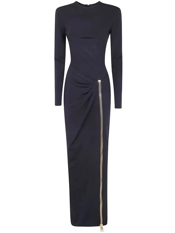 Balmain Long Sleeve Compact Jersey Maxi Dress With Zipper Detail - Black